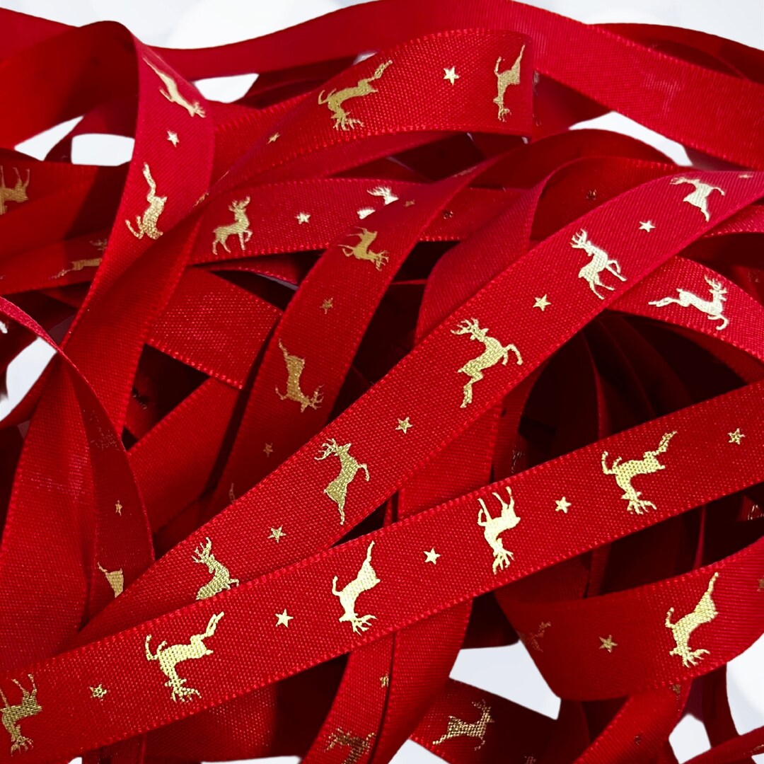 Christmas Ribbon, Red Ribbon With Reindeers and Stars in Gold Metallic ...