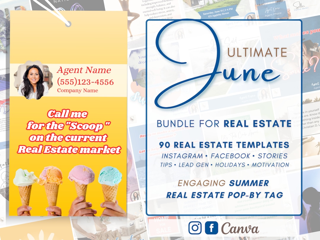 Real Estate Pop-by & Social Media Bundle June Canva Template Realtor ...