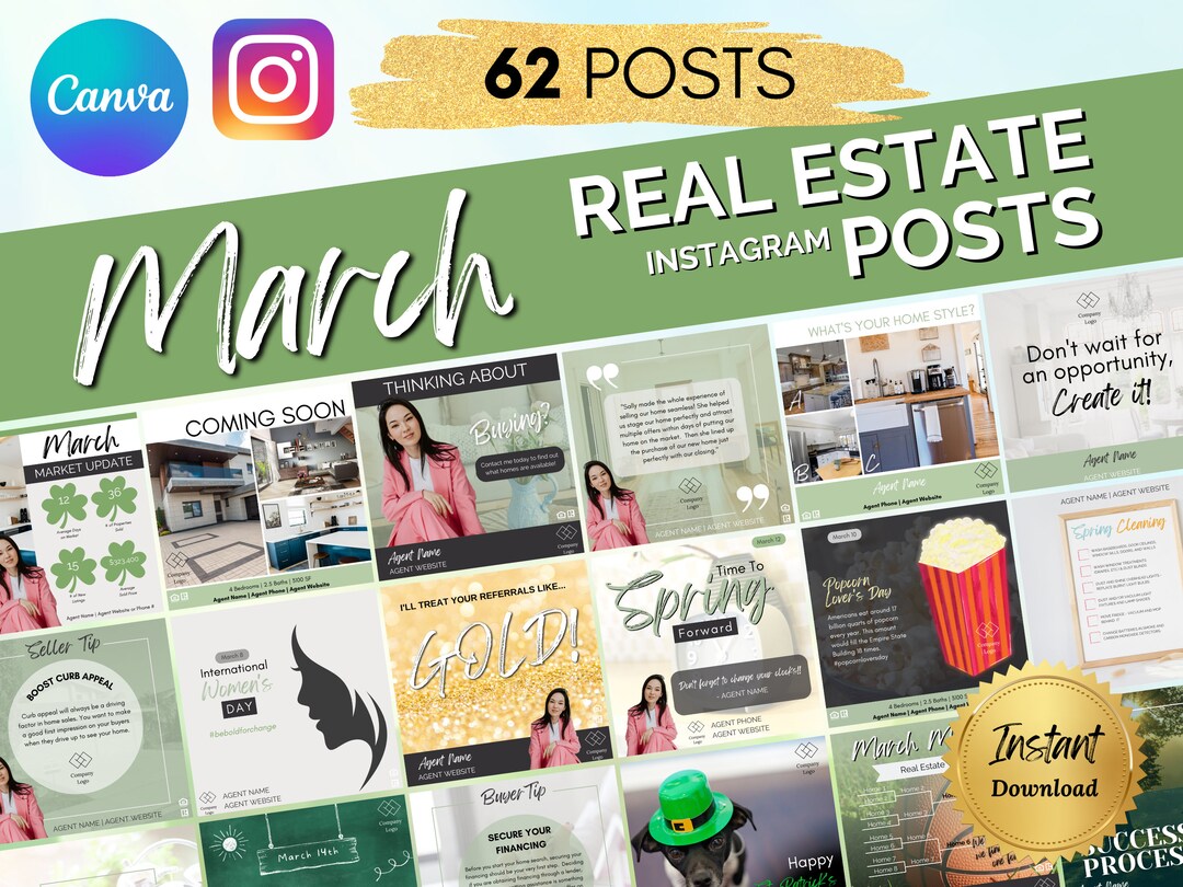 March Real Estate Instagram Posts | Canva Templates (62 Posts) - Etsy