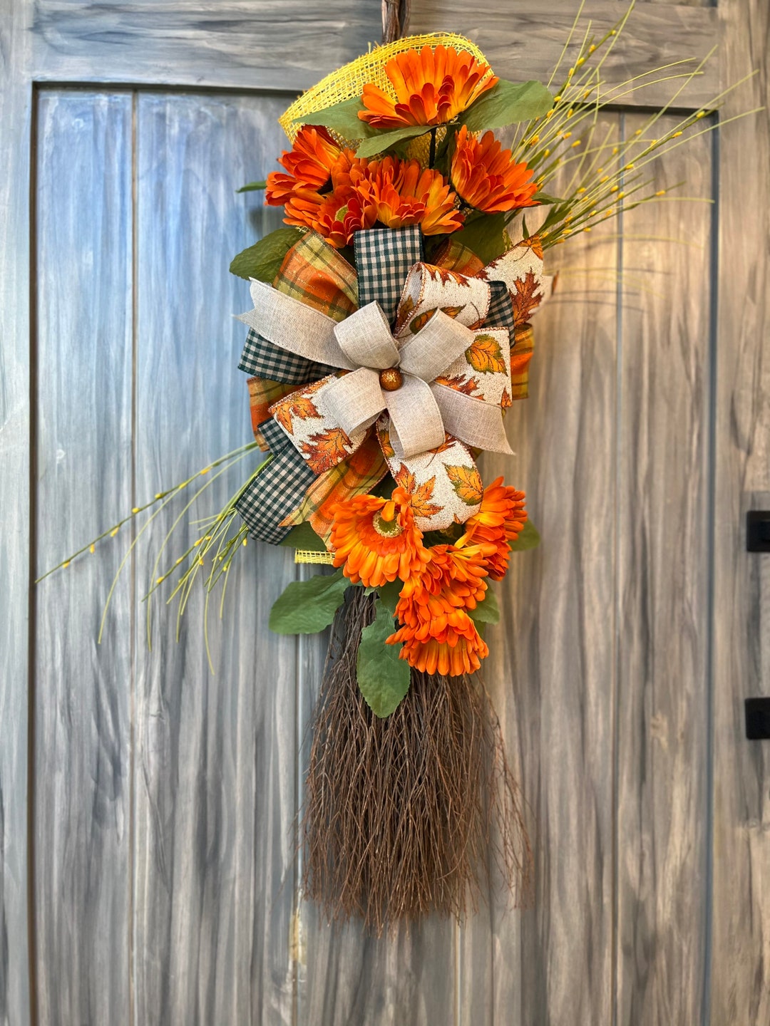 Floral Autumn Broom Swag Floral Broom Fall Decorative Broom - Etsy