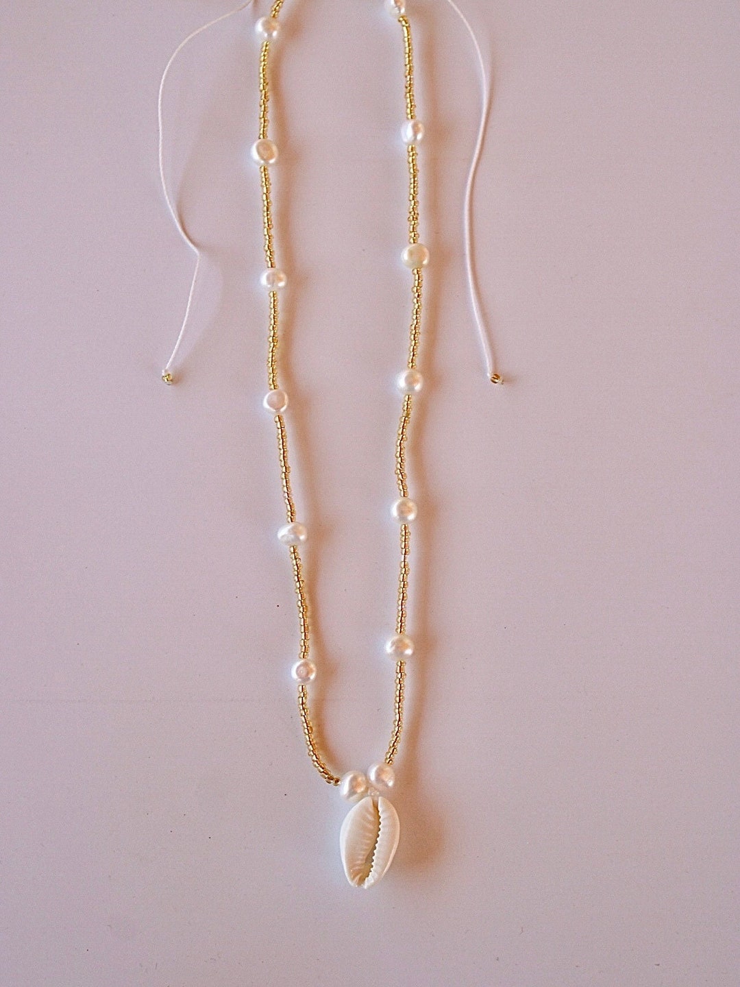Gold Pearl Shell Necklace/ Pearl Sea Shell Necklace/ Beaded Necklace ...