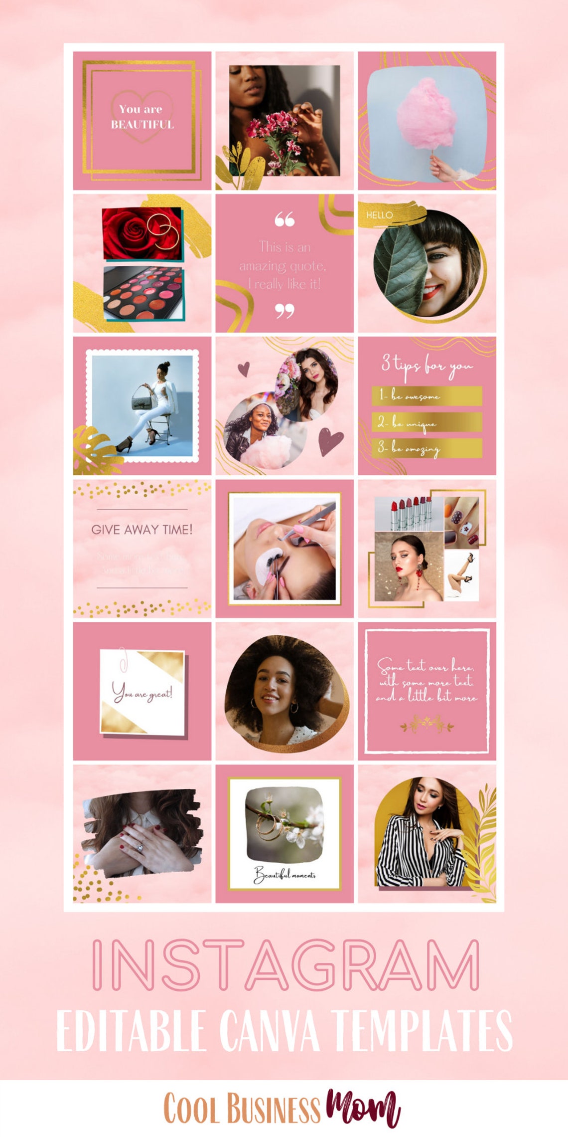 Pink Instagram Theme Template Pink and Gold IG Post and Story Editable ...