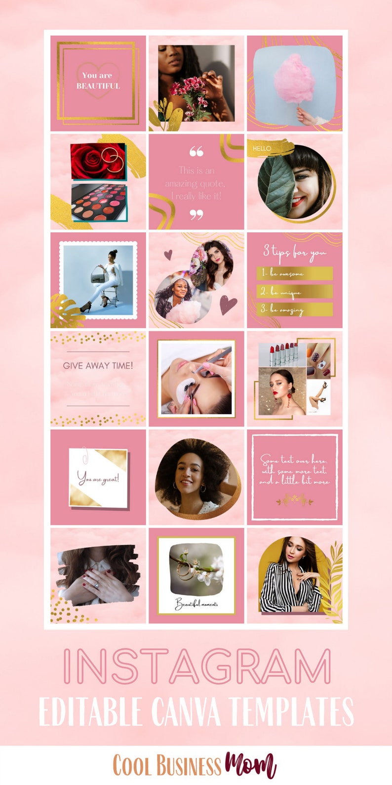 Pink Instagram Theme Template Pink and Gold IG Post and Story Editable ...