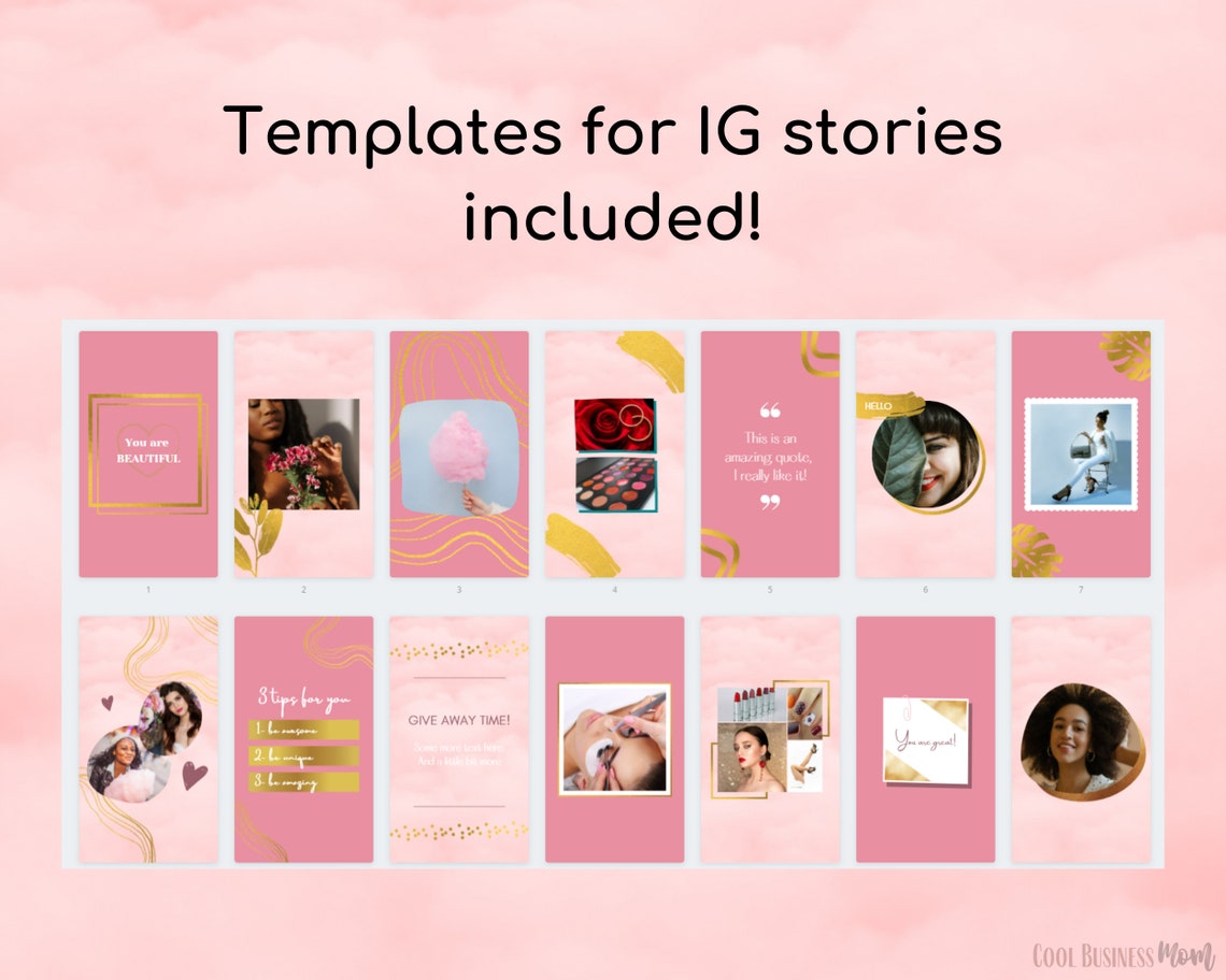 Pink Instagram Theme Template Pink and Gold IG Post and Story Editable ...