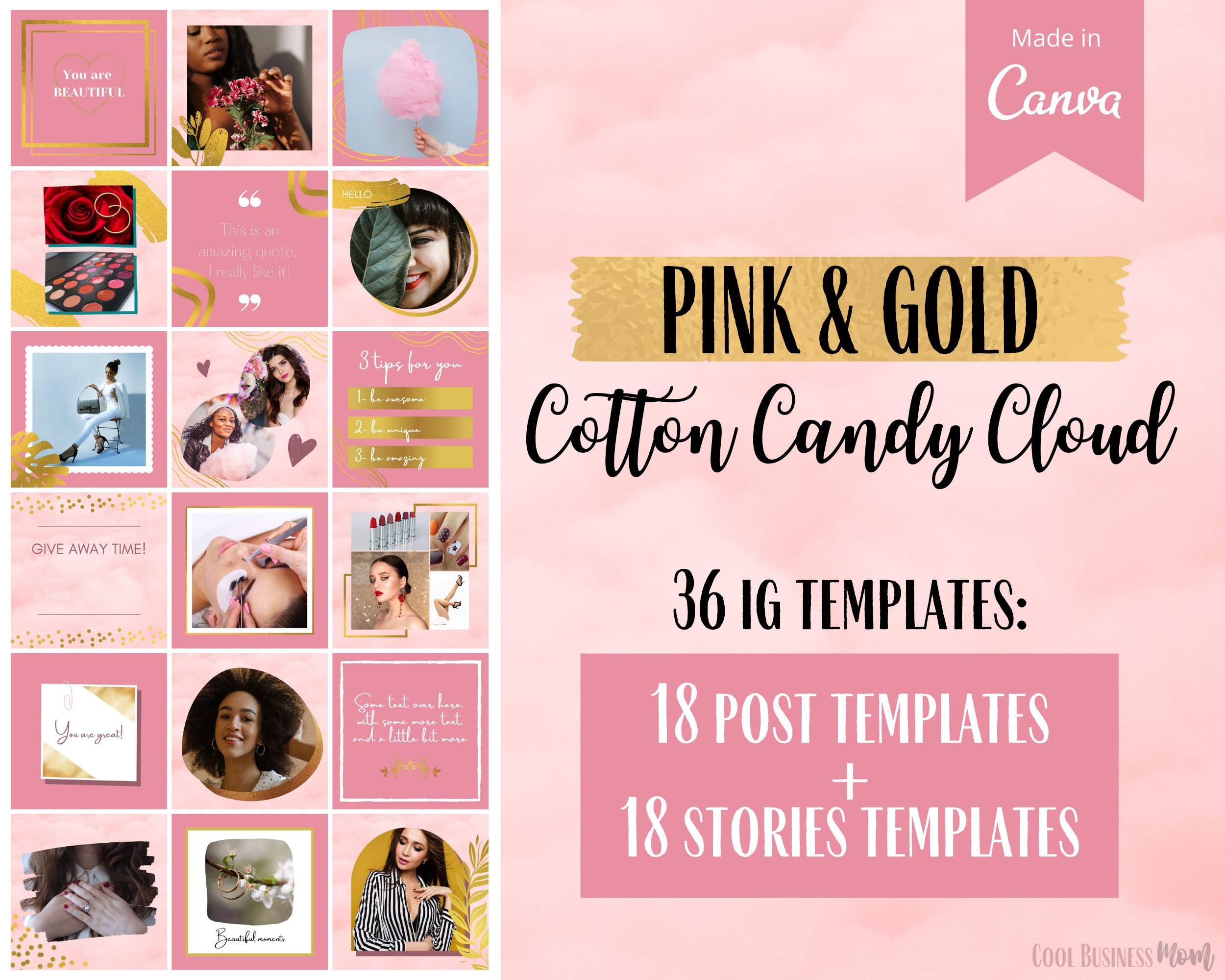Pink Instagram Theme Template Pink and Gold IG Post and Story Editable ...