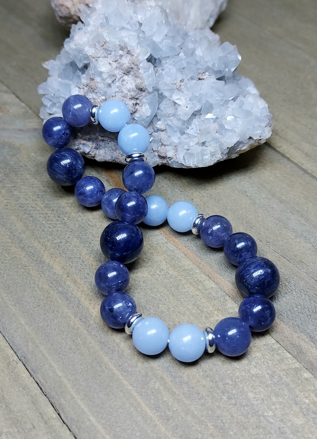 Iolite Bracelet With Angelite and Dumortierite in Quartz, Elastic ...