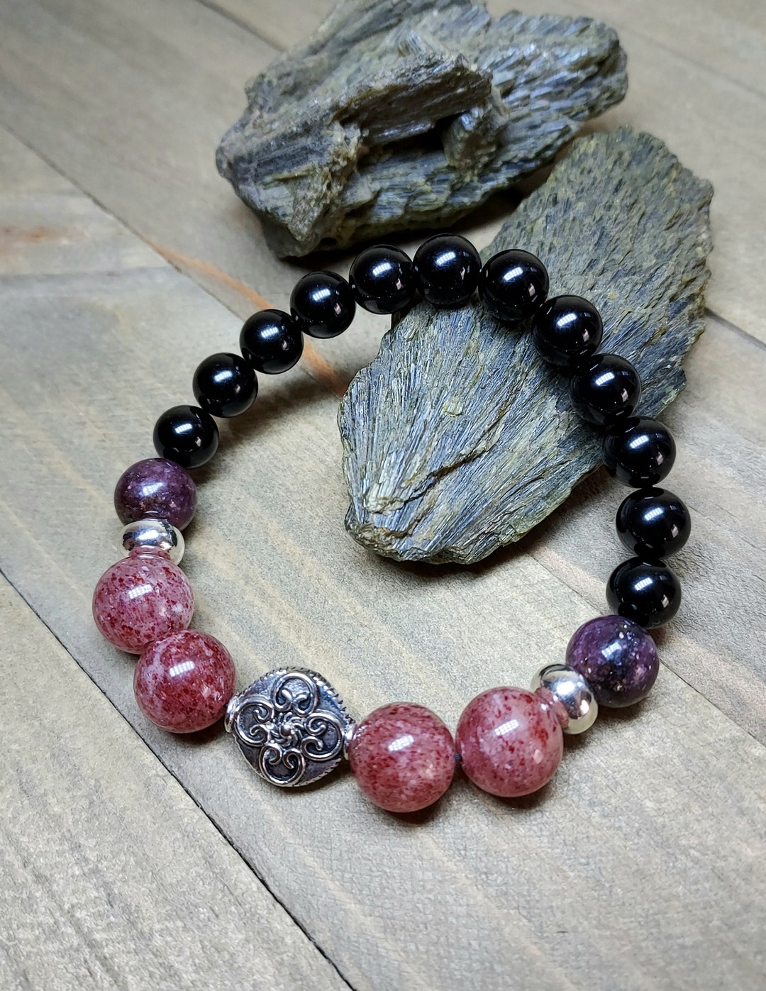 Strawberry Quartz Bracelet With Black Tourmaline in Silver, Stretchy ...