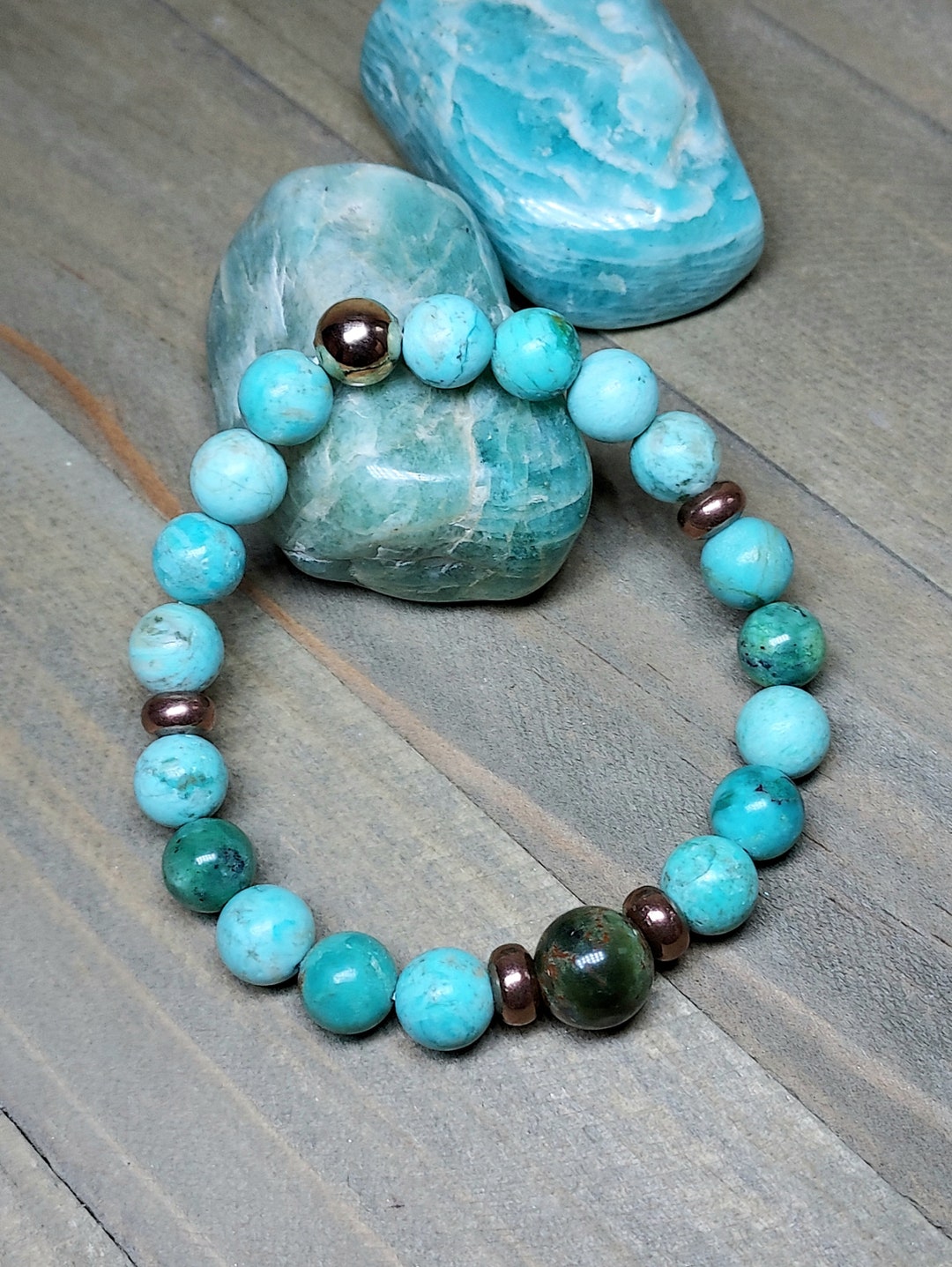 Peruvian Turquoise Bracelet With Green Opal and Variscite, Elastic ...