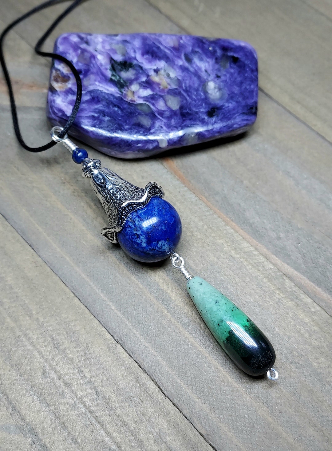 Lapis Necklace With Teardrop Hydrogrossular Garnet, Silver Lily Flower ...