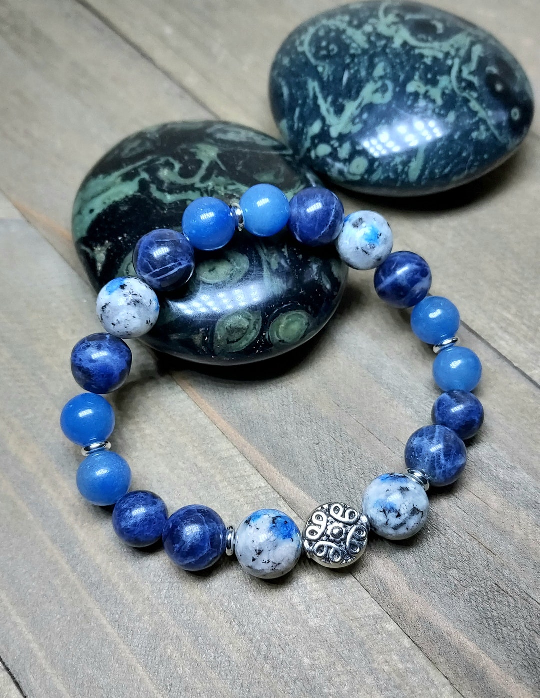 K2 Stone Bracelet With Sodalite and Blue Aventurine, Blue White Gem ...