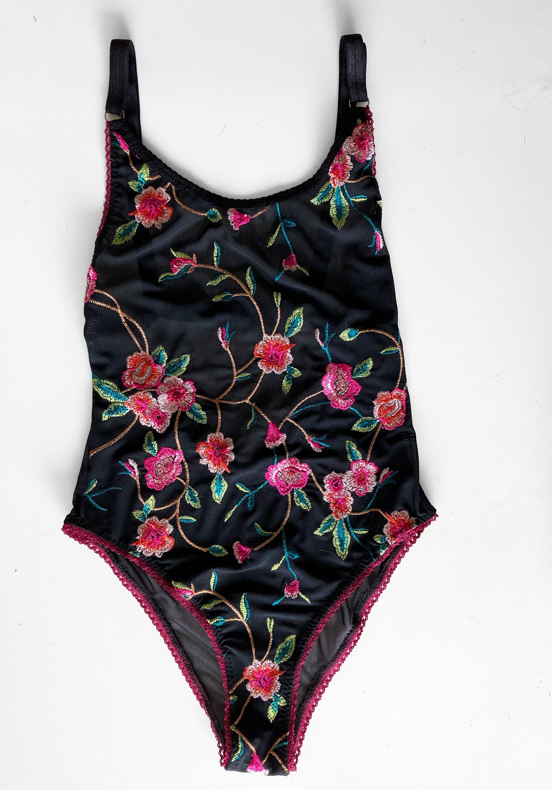 Black Floral Embroidered Sheer Bodysuit - Etsy
