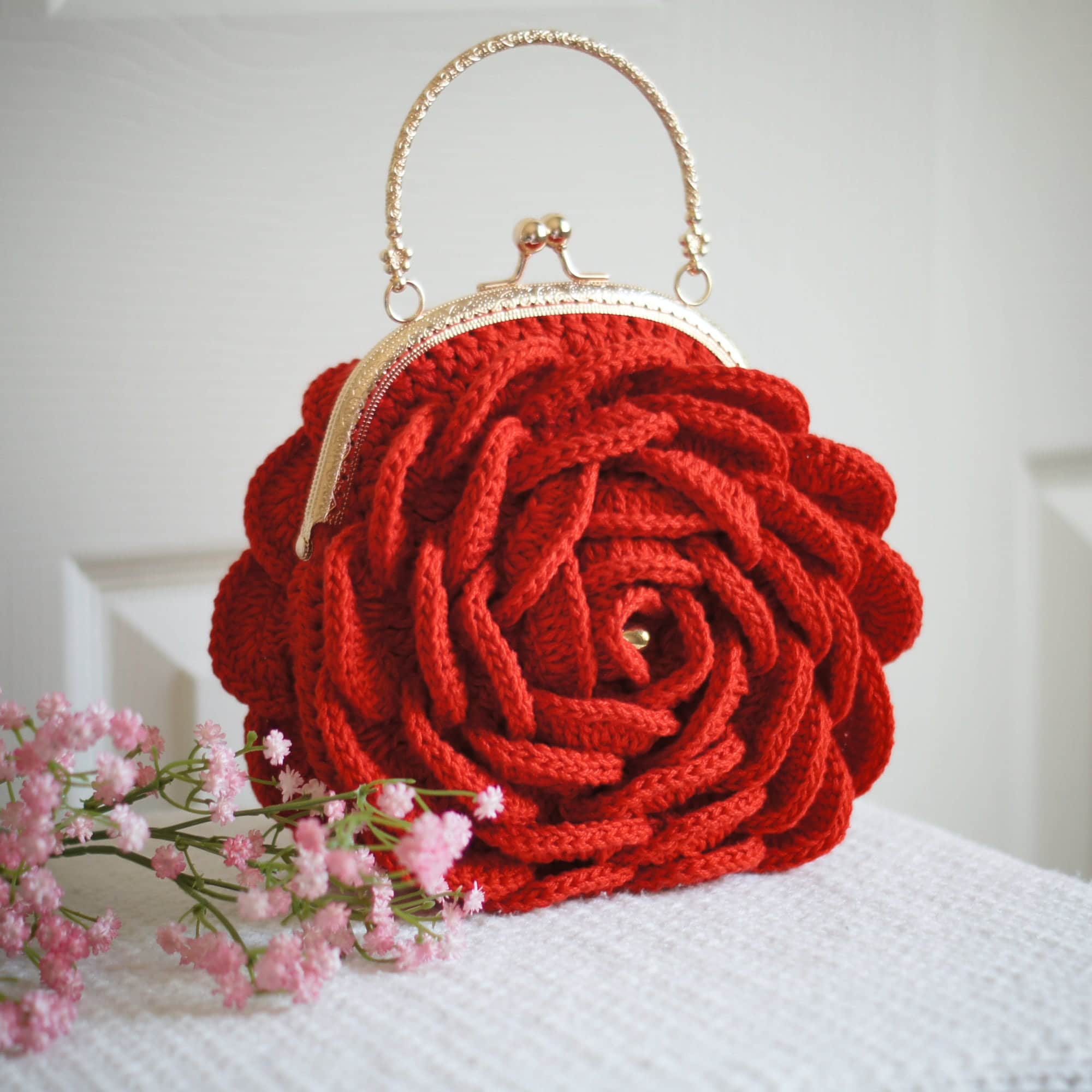 Rose Crochet Handbag in Red Color, Cute Evening Purse With Lining and ...