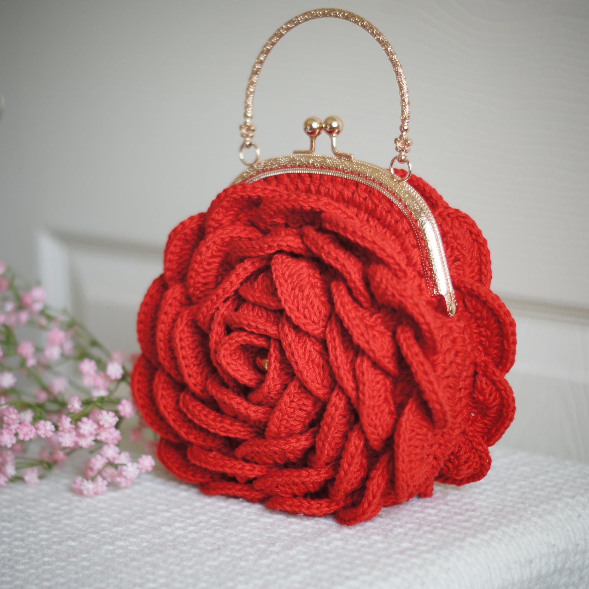 Rose Crochet Handbag in Red Color, Cute Evening Purse With Lining and ...