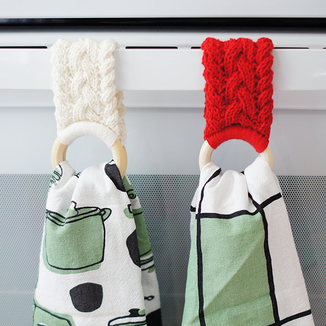 Knitted Kitchen Towel Holder With Wood Rings – Towel Topper for ...