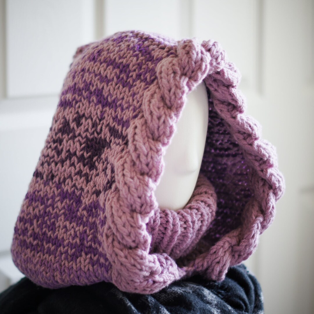 Purple Winter Hood With Cable Knit Edging Multiway Balaclava With Built ...