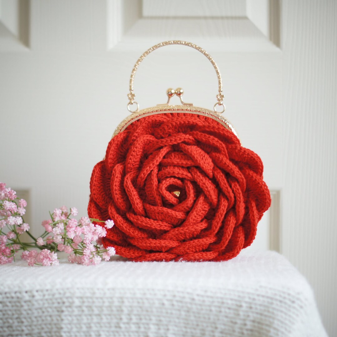 Rose Crochet Handbag in Red Color, Cute Evening Purse With Lining and ...
