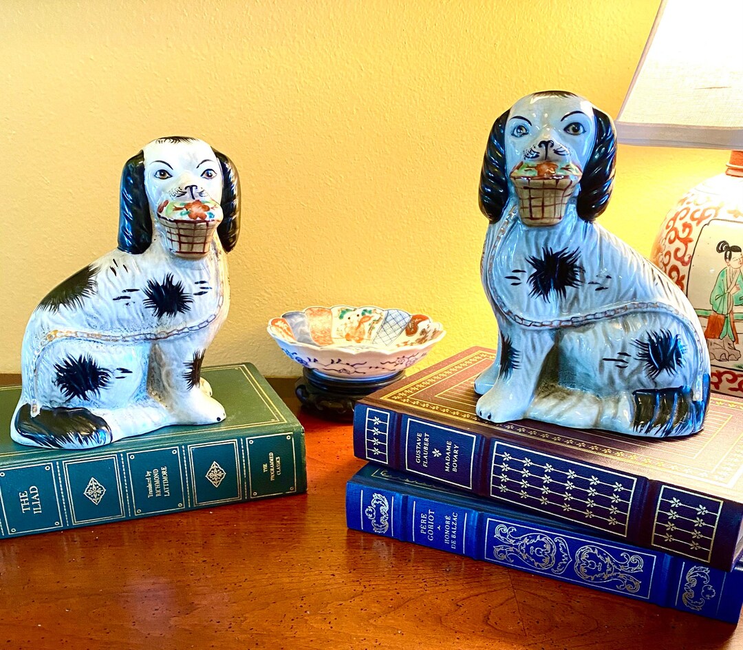 Staffordshire Pair Dog Figurines, White/black 7 1/2, Victorian Style ...