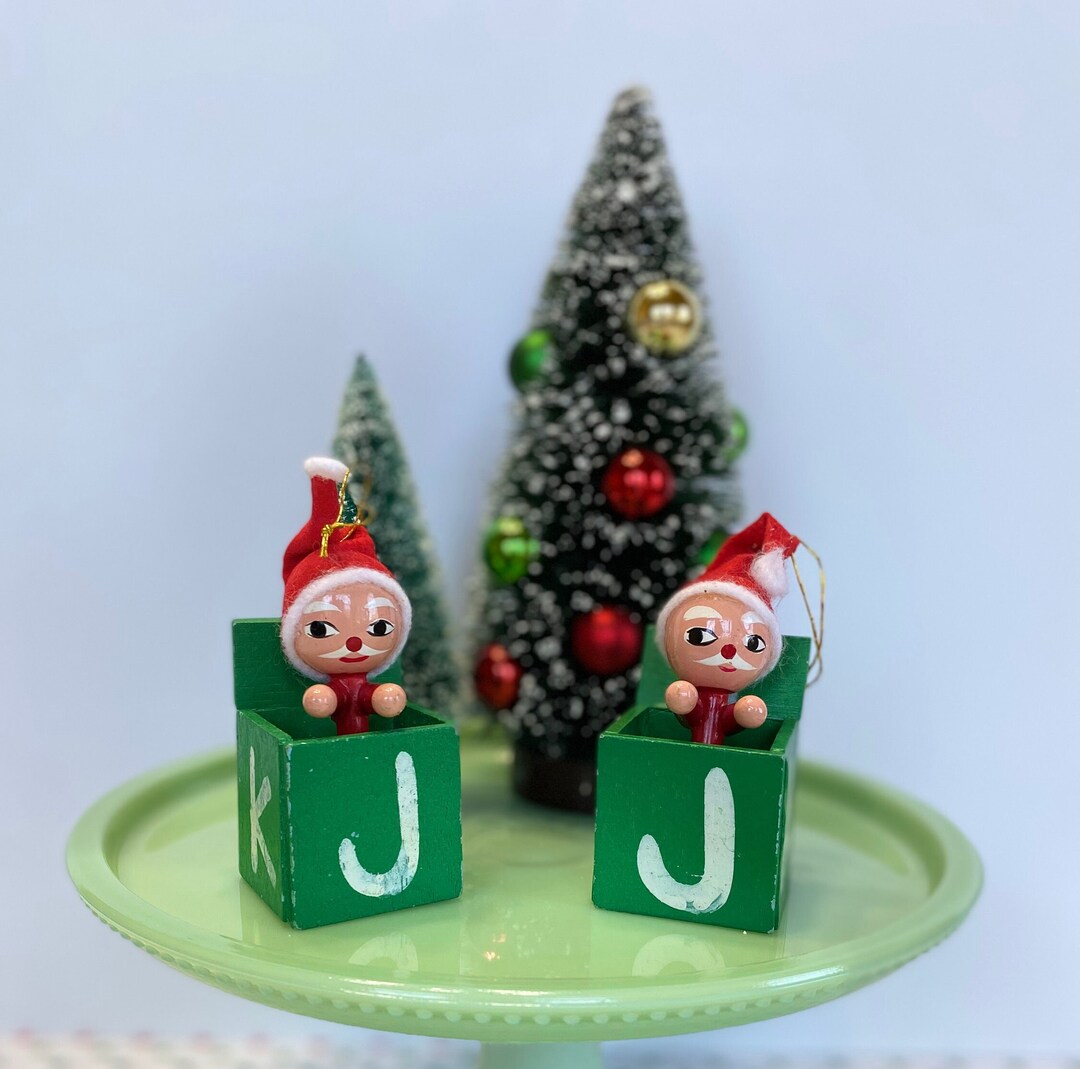 Two Vintage Santa in a Box Ornaments, Santa Alphabet Block, Midcentury ...