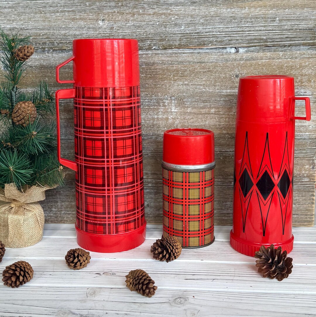 Lot 50s 60s Tartan Plaid Thermos Set, Cabin Decor, Farmhouse Christmas ...