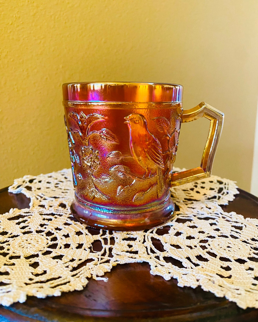 Imperial Glass Marigold Songbird Mug, Carnival Glass Robin Mug, Pressed ...