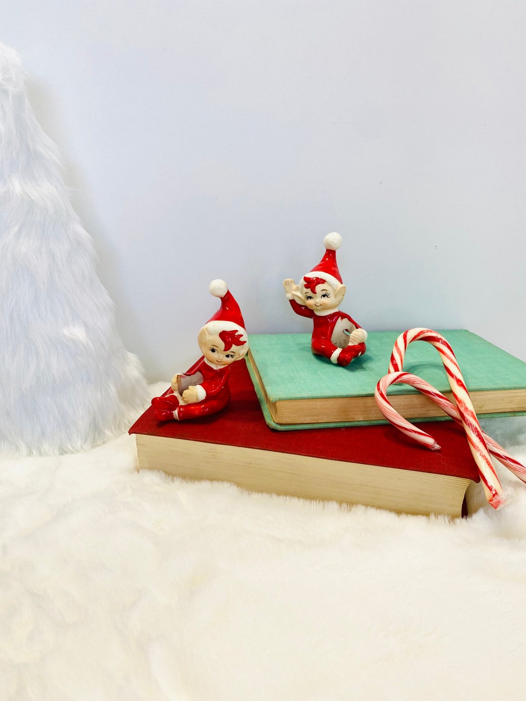 Vintage Lefton Elves Candle Huggers, Elf Candle Climbers, Set of Two, Pixie Santa Elf, Pixie ...