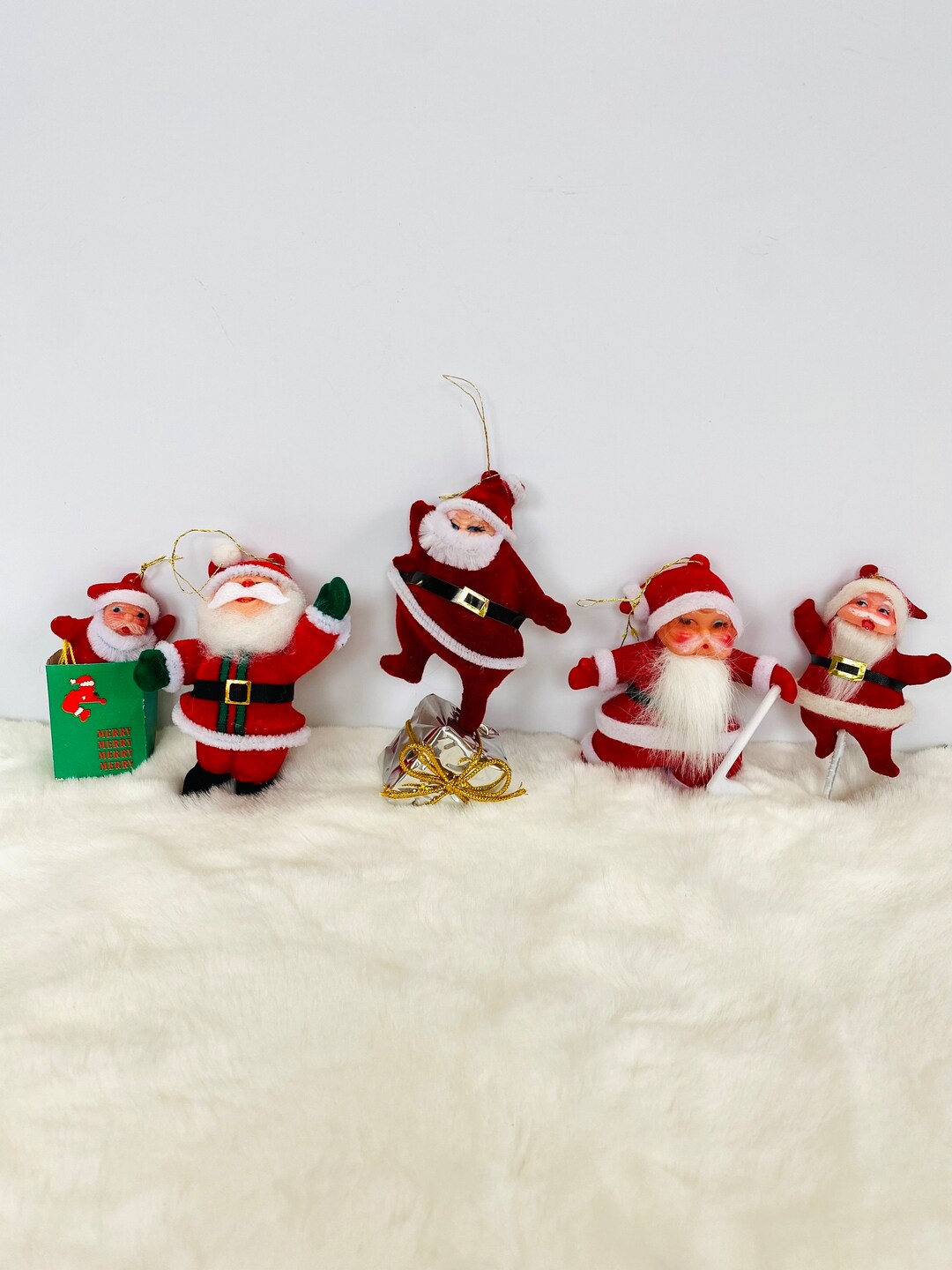Five/ 50's Vintage Flocked Santas, Jolly Santa, Vintage Christmas, Mid ...