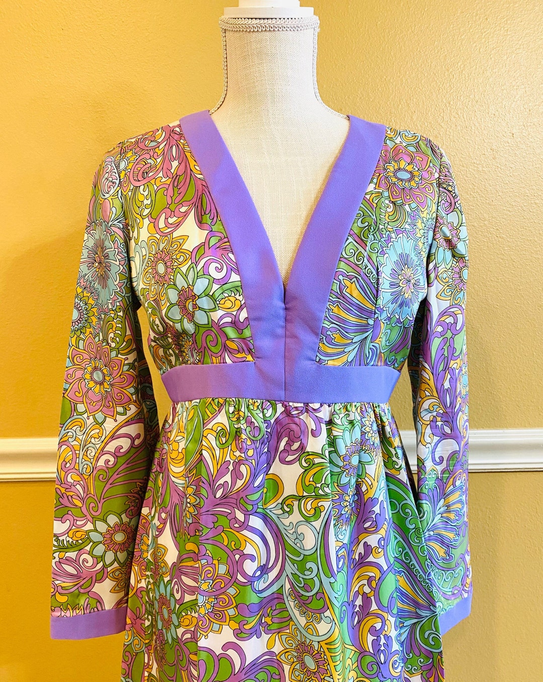 70s Psychedelic Maxi Dress /XS/ Retro Party, Funky Diva Dress, Retro ...