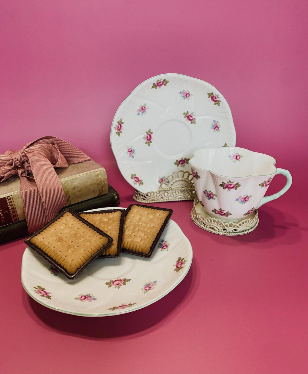 Vtg 3 Pc - Shelley Rosebud Teacup Set, Shelley Rosebud Fine Bone China ...