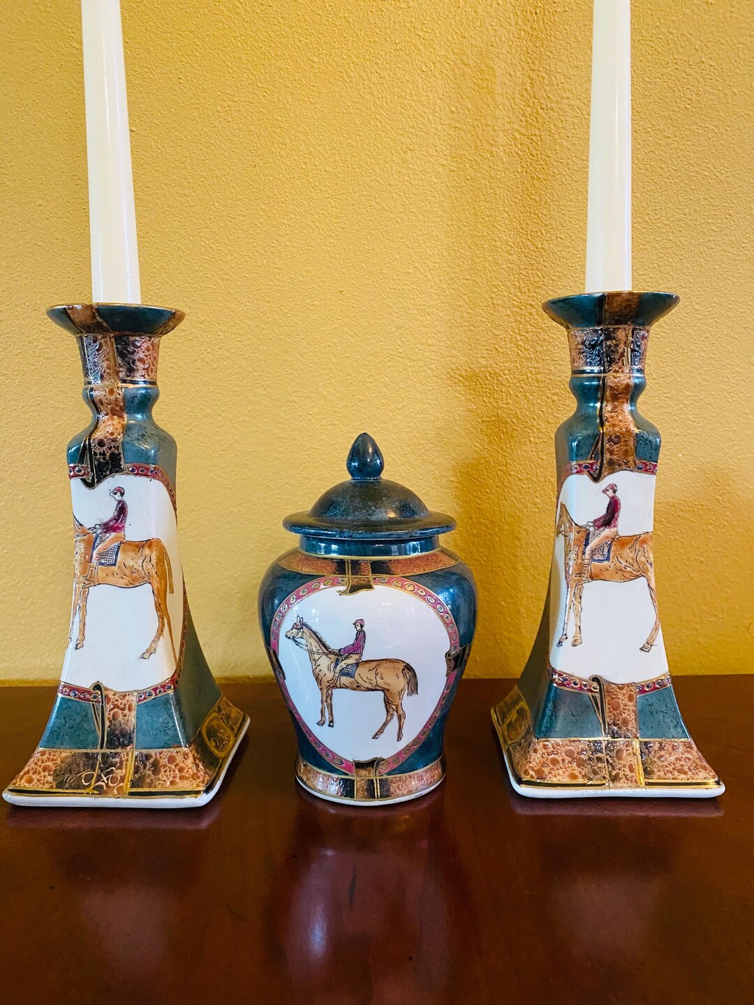 Vintage Equestrian Hunt Scene Candlestick and Ginger Jar Set, Hunting ...