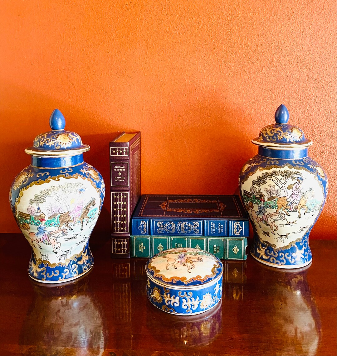 Three Pc/vintage Equestrian Chinoiserie Hunt Scene Jar, Vintage Ginger ...