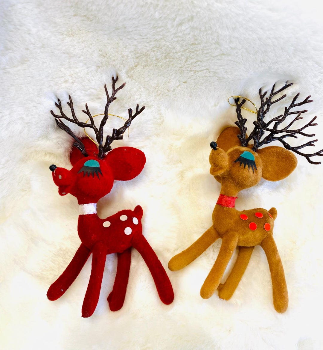 Pair/ Vintage Flocked Reindeer, Red Reindeer, Flocked Ornaments ...