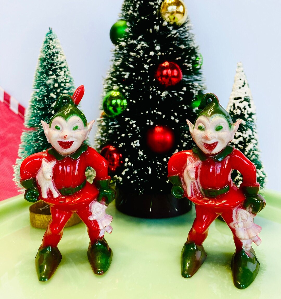 Vintage Rosbro Celluloid Christmas Elf Ornaments: Hard Plastic Pixies ...