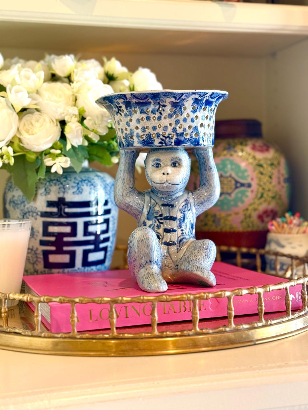 Vtg/ Blue and White Chinoiserie Monkey Pedestal Bowl, Bellhop Monkey ...