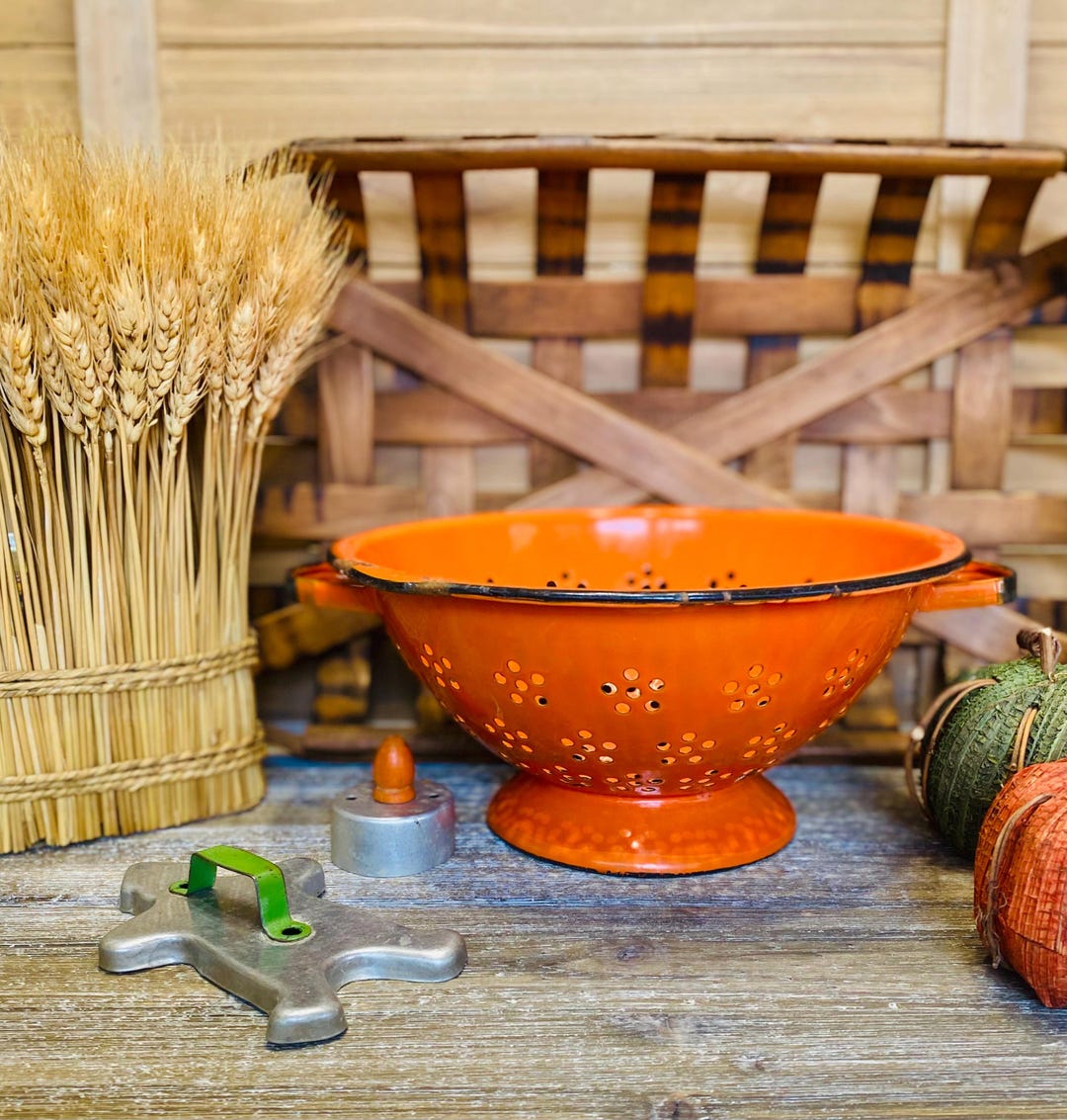 Vintage Orange Enamel Colander, Orange Enamelware Colander, Japan ...