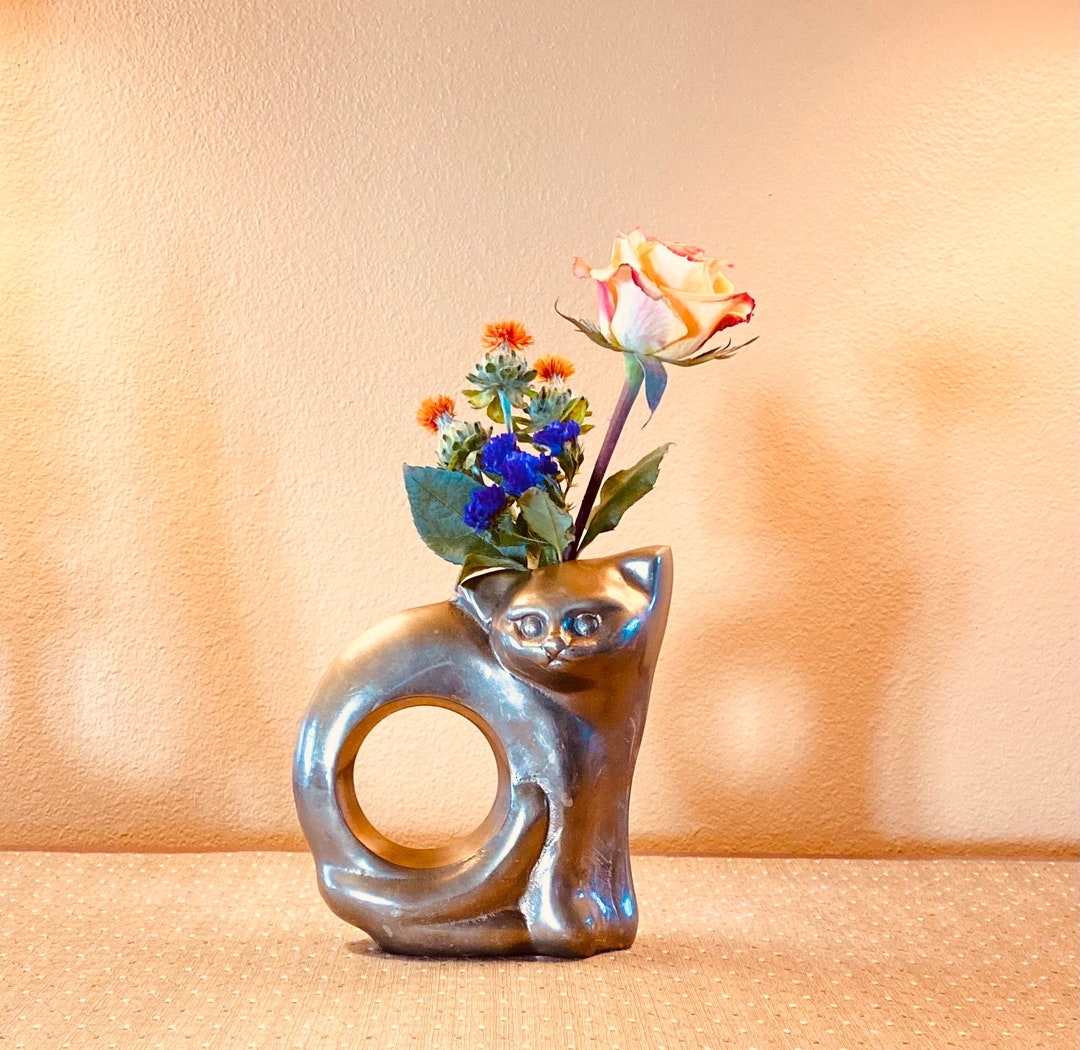 Midcentury Brass Cat Flower Vase, 6 1/2", Gift for Cat Lover, Unique ...