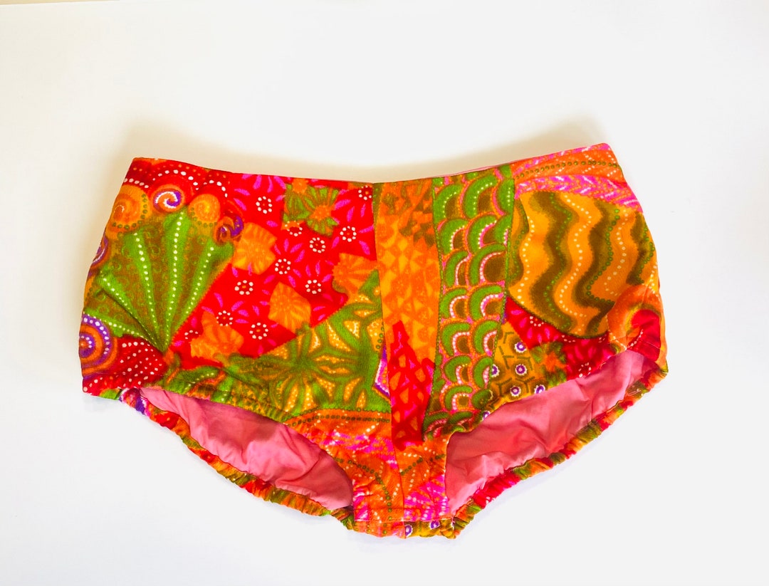 60s-70s Low Rise Bathing Suit Bottom: Neon Mod Hippie Shorts (L-8-10 ...
