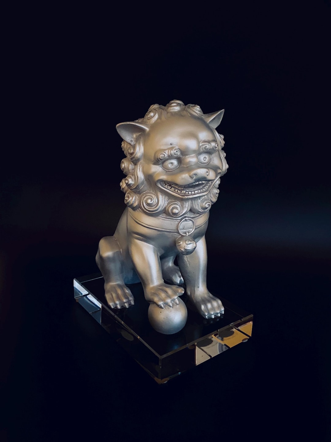 Vintage Silver Foo Dog, She Lion on Glass Base, 10”, Temple Lion, Good ...
