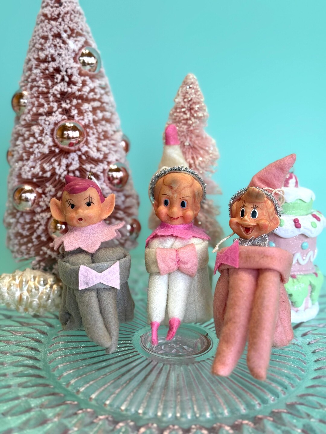 Three Vintage Pink Christmas Pixie Elf Ornaments, Hand Painted Ceramic Pixie Elves, Midcentury ...