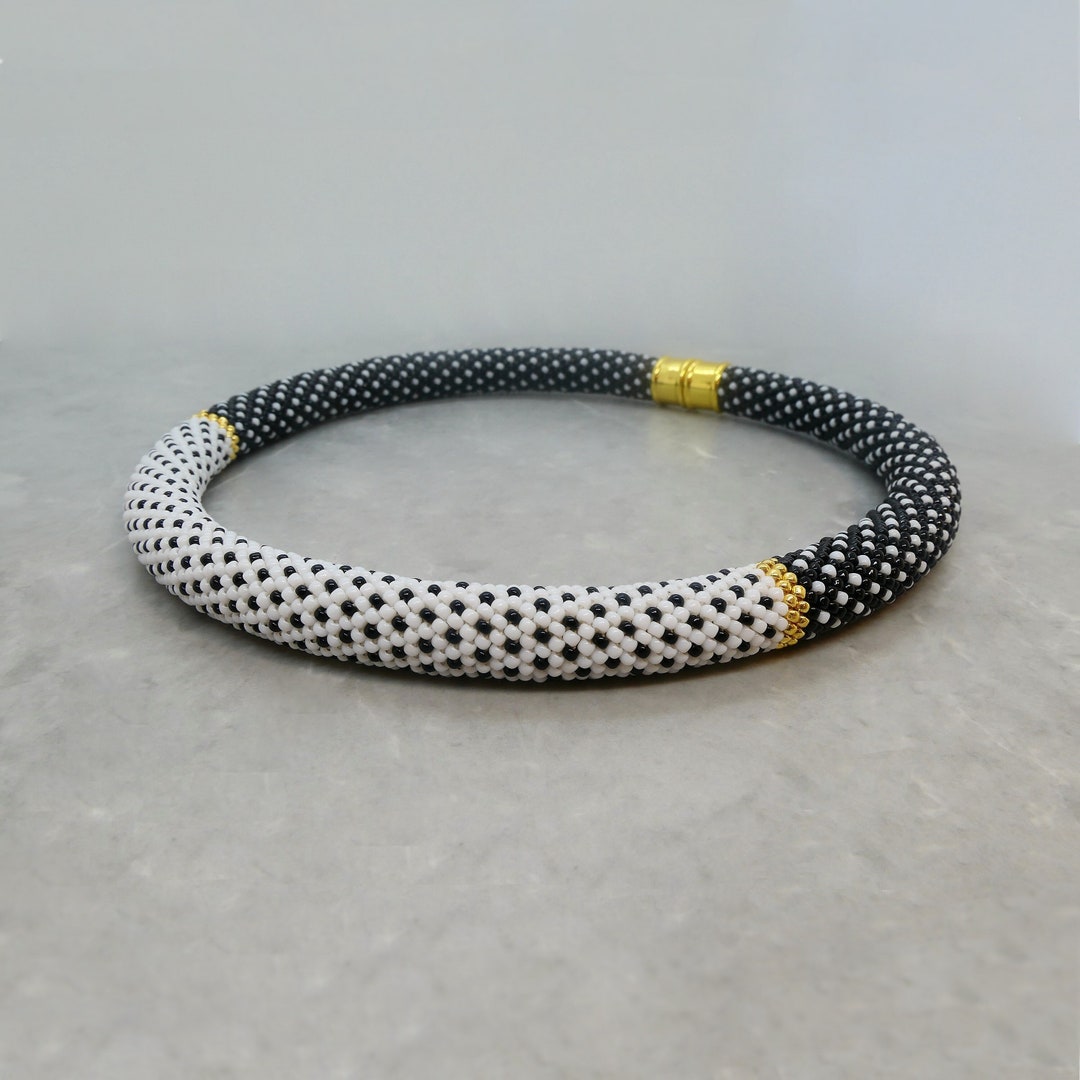 Bulky Necklace Two Tone Bead Crochet Rope Black White Seed Beads ...