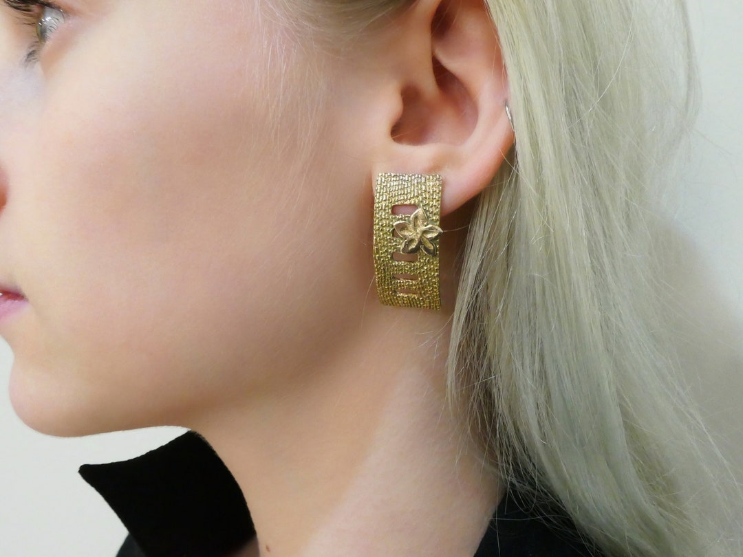 Chunky Square Half Hoop Earrings Matte Yellow Gold Modern Chic Textured ...