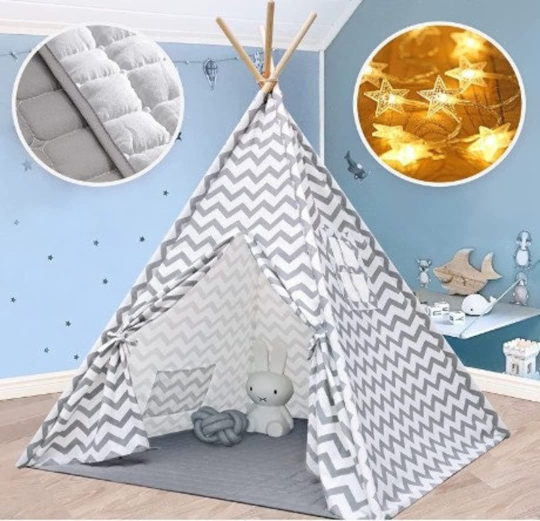 Kids Foldable Tipi Tent With Lights and Mat, Children's Indoor Outdoor ...