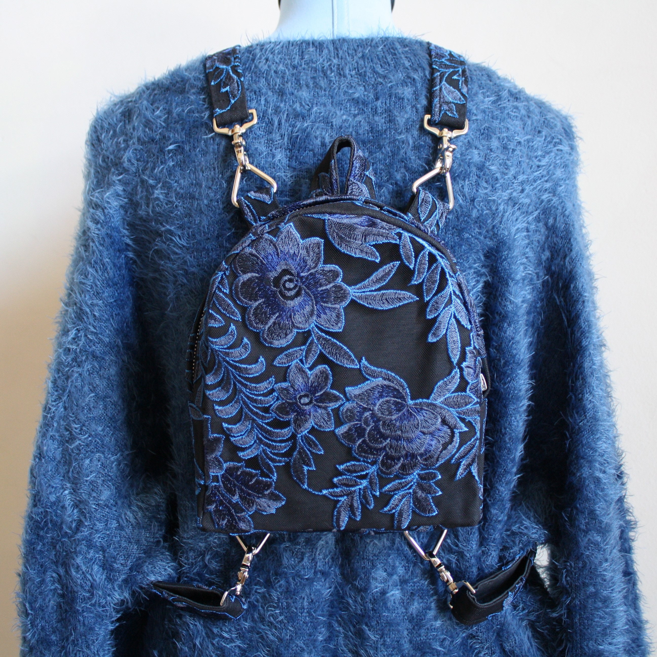 Mini Convertible + Adjustable Backpack (black and Blue Fancy Floral Lace) - Etsy