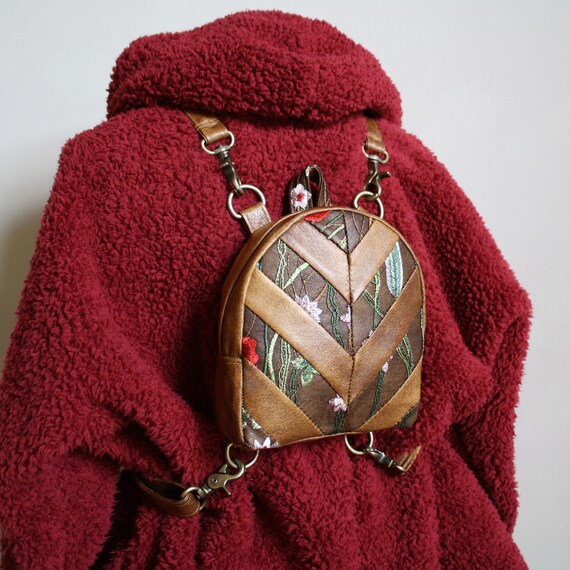 Mini Convertible Adjustable Backpack herringbone brown faux | Etsy