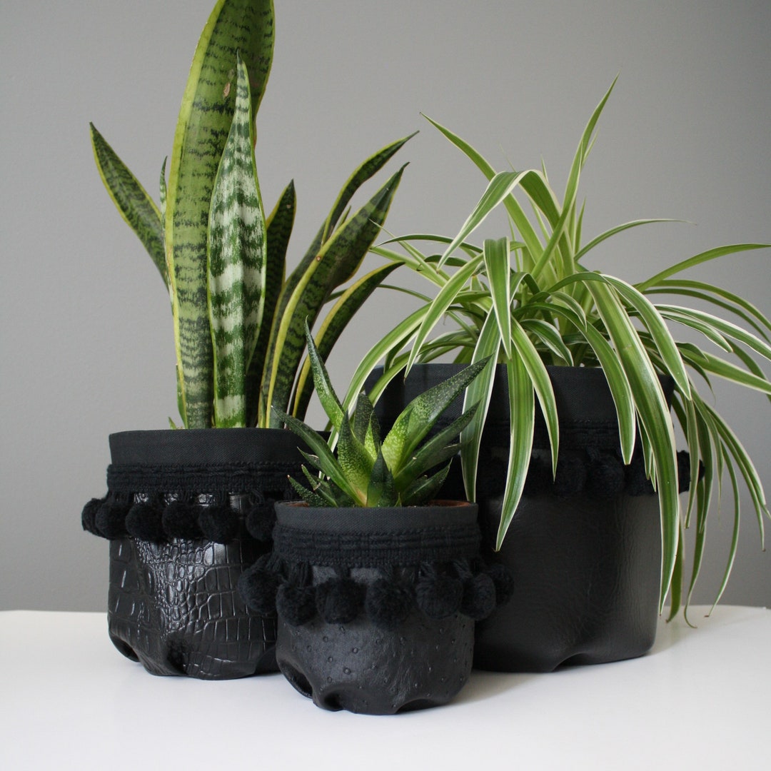 Plant Pot Cover/holder/bag/basket - Pom Pom Textured Solid Black - Etsy