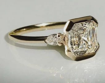 2 CT Asscher Cut Moissanite Engagement Ring, Asscher Cut Three Stone Wedding Ring, 14K Solid ...