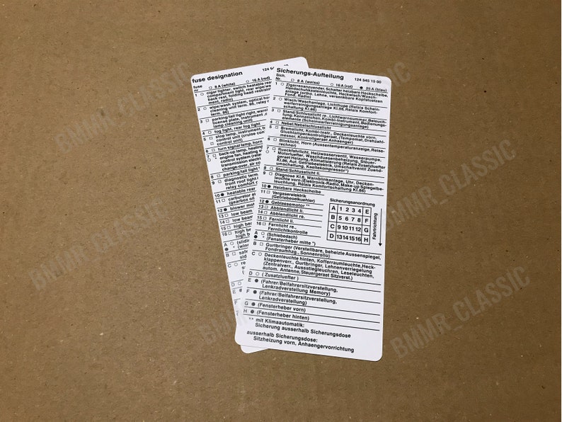 W124 S124 FUSE DESIGNATION Sicherungs-aufteilung Mercedes A1245450600 ...