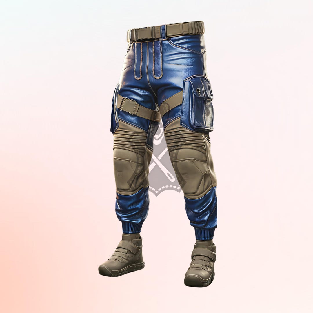 Men’s Gamer-inspired Blue & Beige Cyberpunk Leather Cargo Utility Pants ...