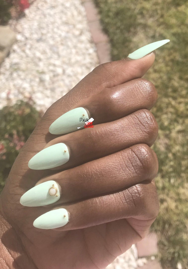 Mint Pearl Nails Spring Nails Green Nails Brown Press | Etsy