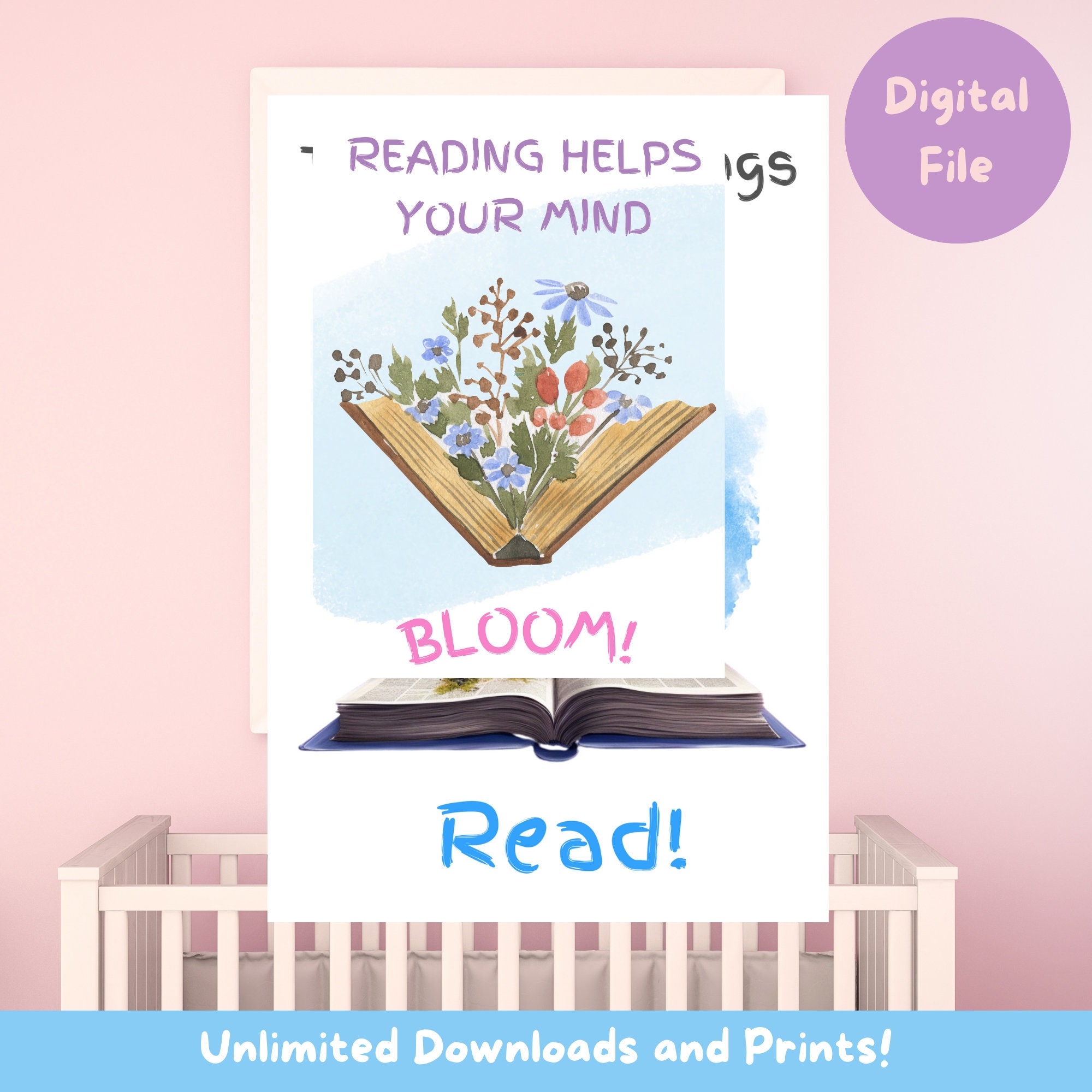 Reading Makes Your Mind Bloom, Printable Wall Art, Reading Poster ...