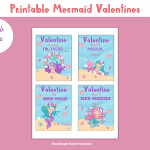 Printable Mermaid Valentine's Day Cards for Kids, Instant Download, DIY ...